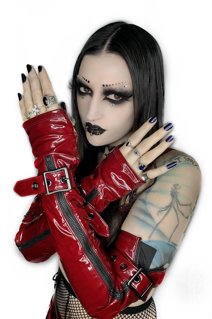 Elbow Length Fingerless PVC Gloves in VAMPIRE RED | Lip Service Clothing