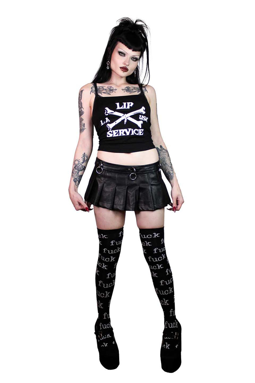 Pleated Micro Mini Bondage Skirt In Matte Black Vegan Leather Lip