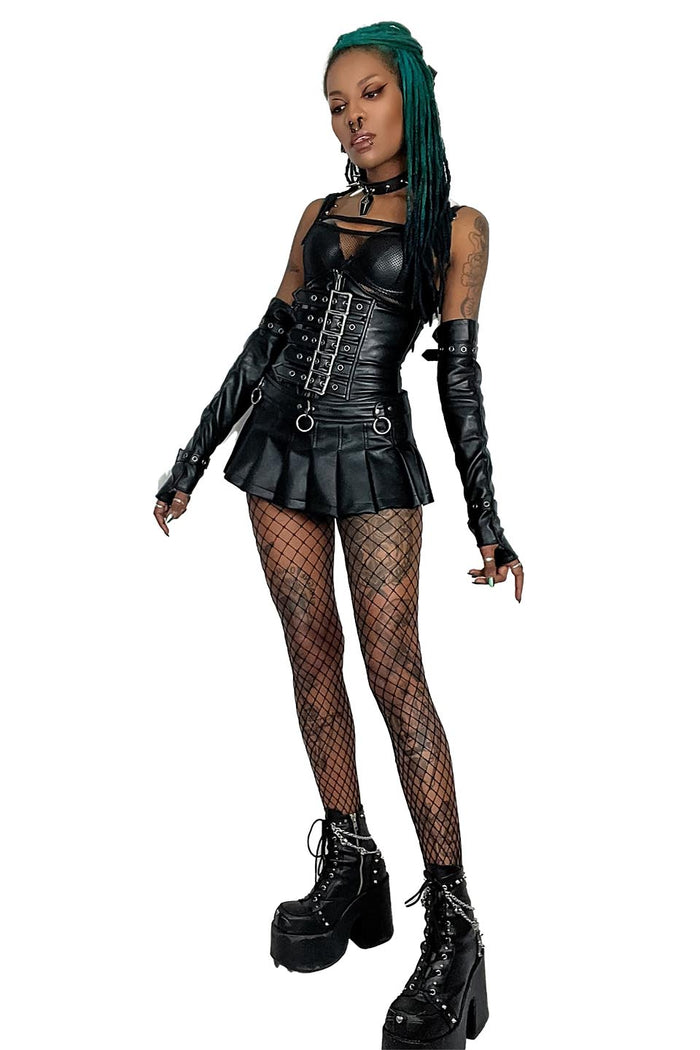 Pleated Micro Mini Bondage Skirt In Matte Black Vegan Leather Lip